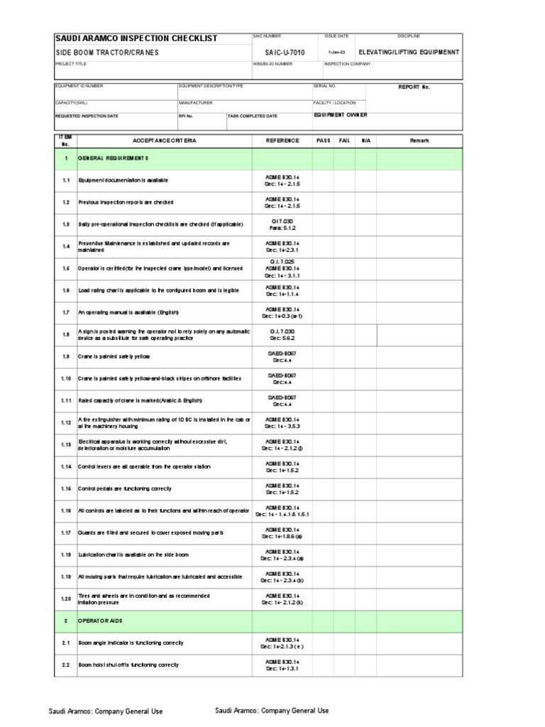 Saudi Aramco Side Boom Crane Checklist | PDF | Crane (Machine) | Wire