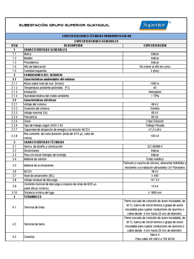 03 Especificaciones Técnicas Pararrayos 69 KV | PDF | Tornillo | Materiales de construcción
