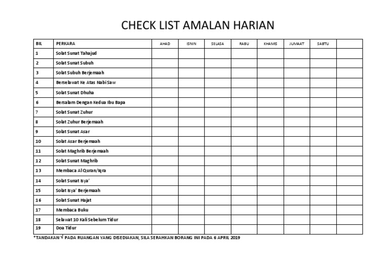 Check List Amalan Harian | PDF