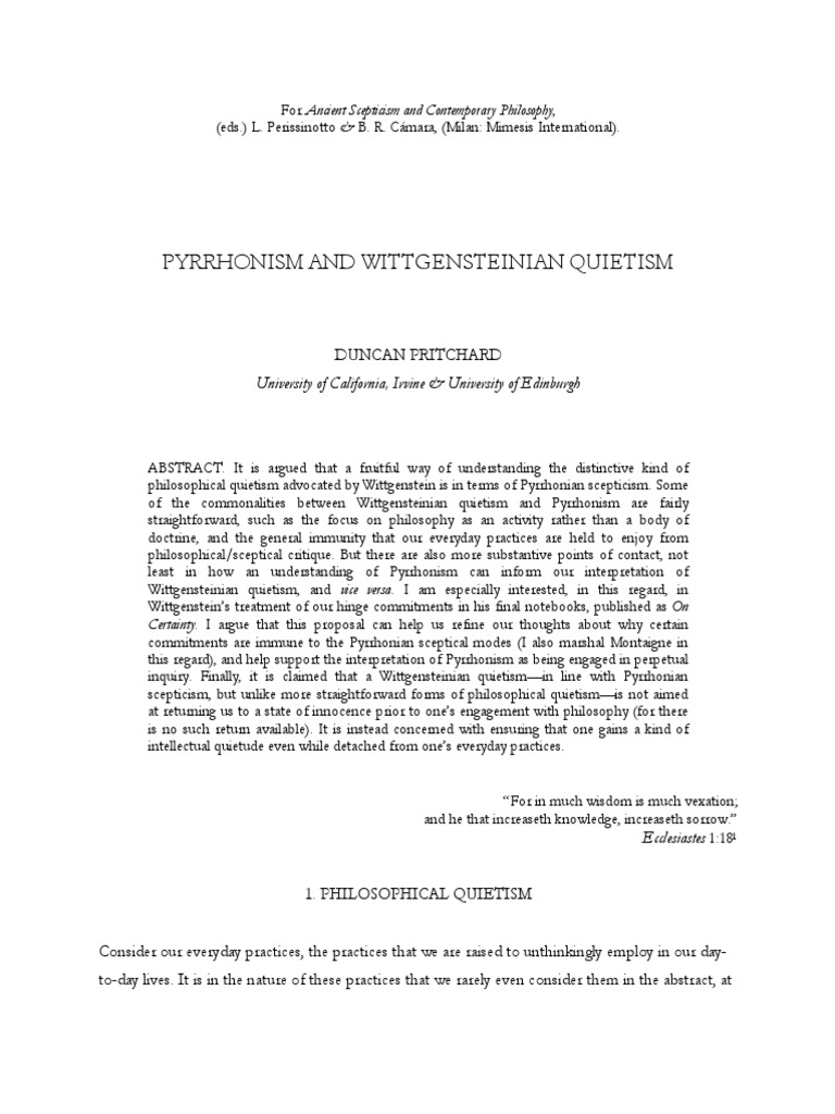 Pyrrhonism and Wittgensteinian Quietism | PDF | Skepticism | Knowledge