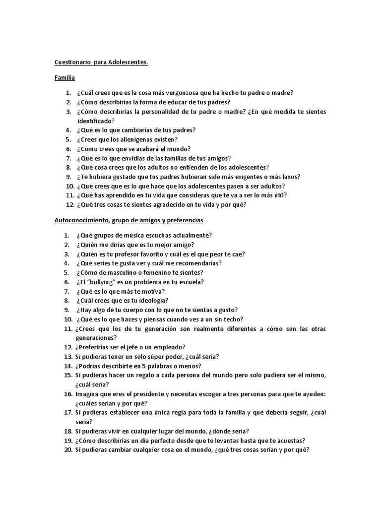 Cuestionario para Adolescentes | PDF