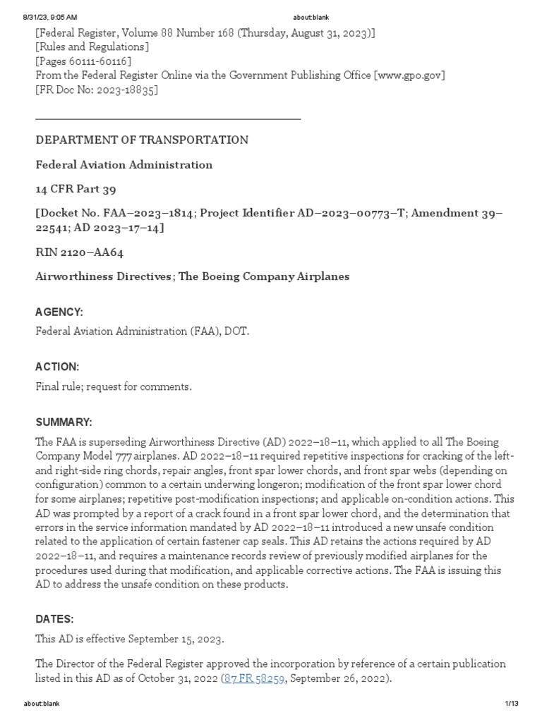 Easa Ad Us-2023-17-14 1 | PDF | Federal Aviation Administration ...