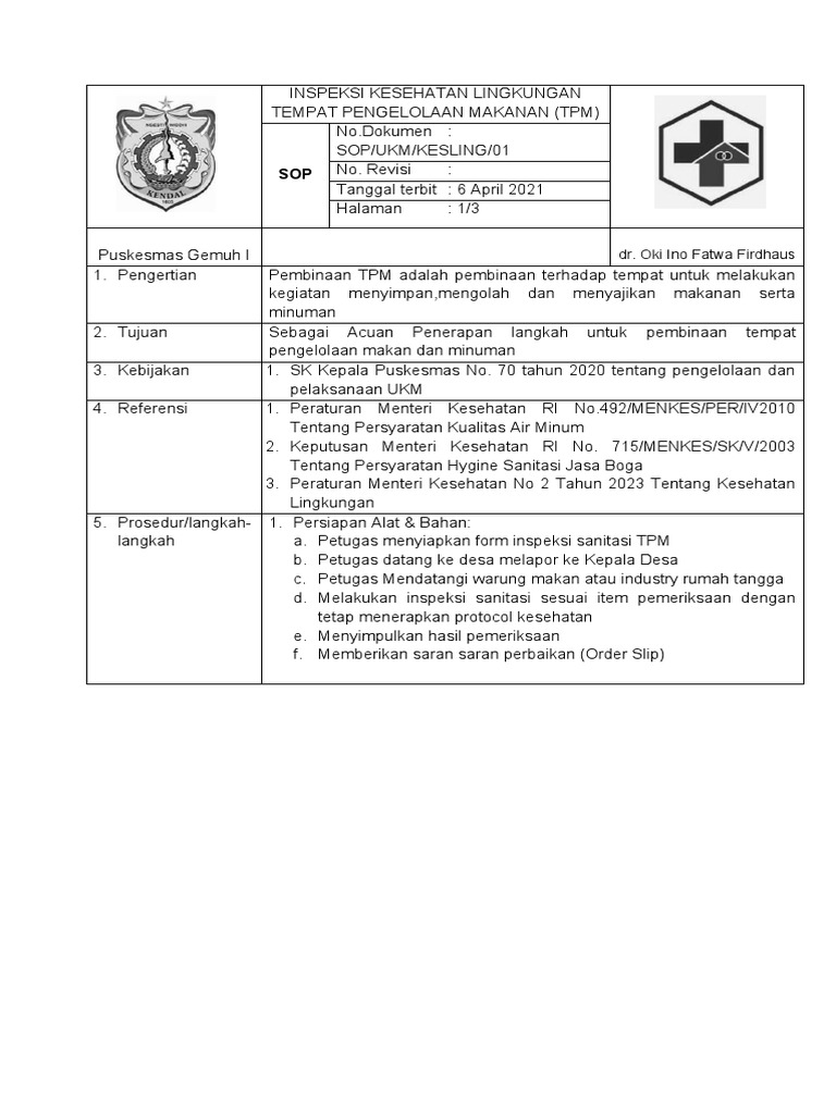 SOP IKL TPP DAM, Jasaboga Catering, Sentra Jajanan, Ruma Makan, Warung Makan | PDF | Sains ...