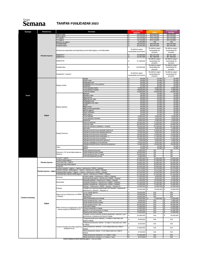 Tarifas Publicadas Grupo Semana 2023 (Enero 2023) | PDF