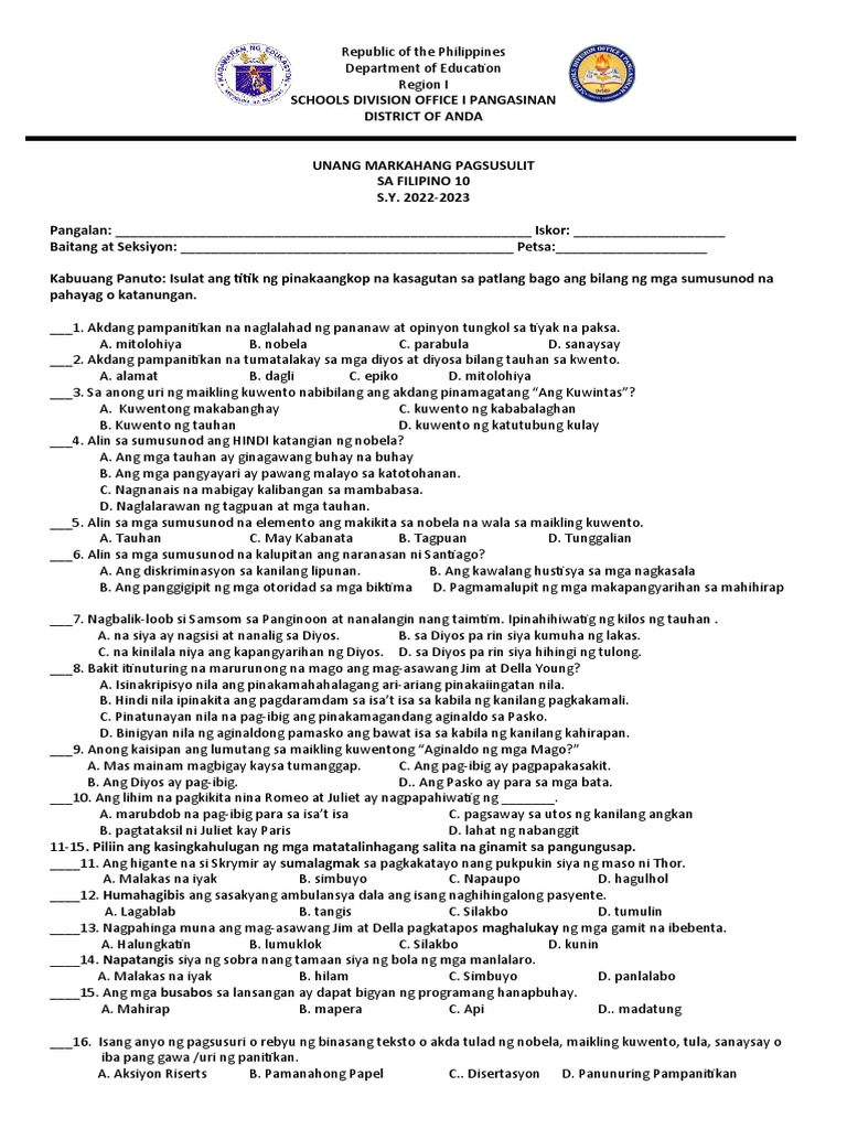 Filipino 10 - Ikalawang Markahang Pagsusulit - Marlon Sicat | PDF