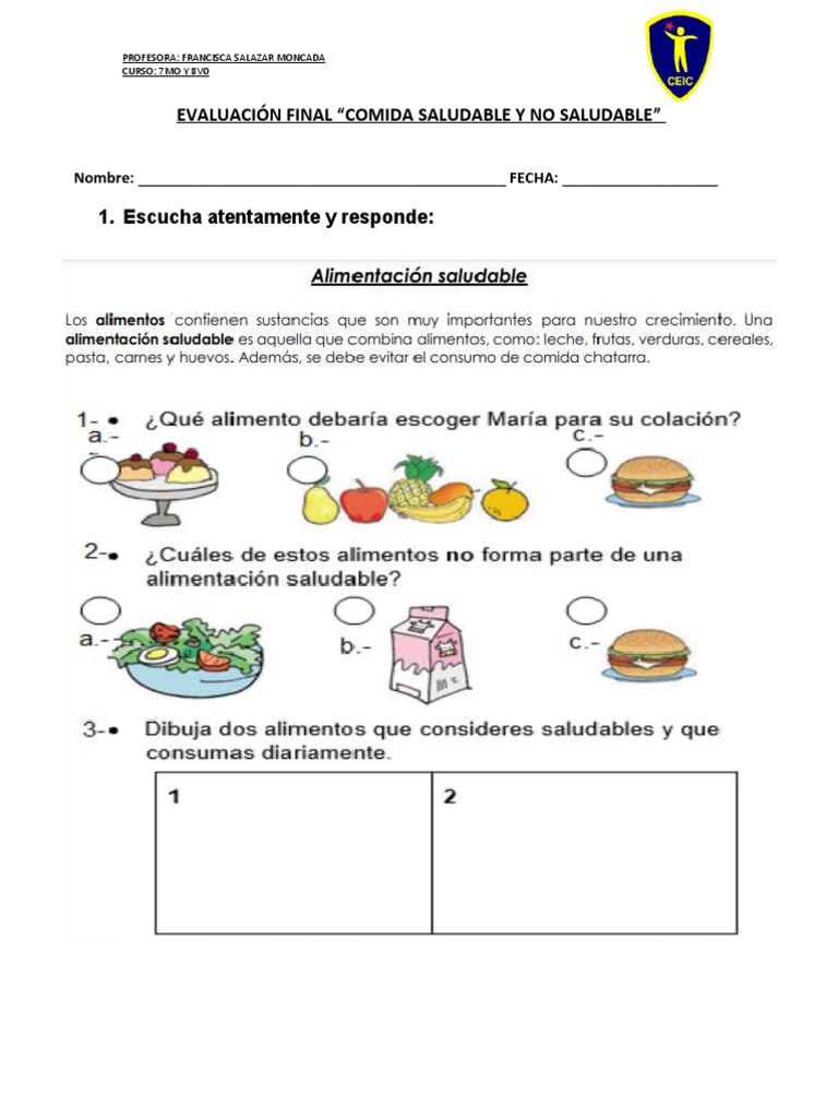 Evaluación Final Alimentos Saludables y No Saludables | PDF