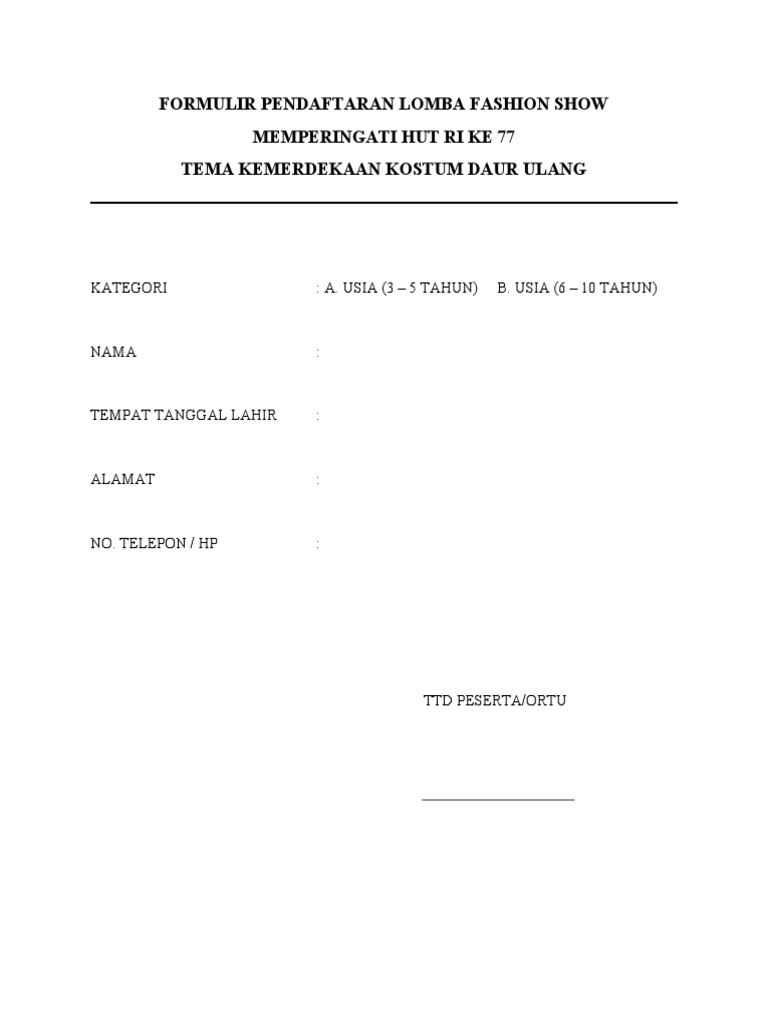 Formulir Pendaftaran Lomba Fashion Show | PDF | Gaya Hidup