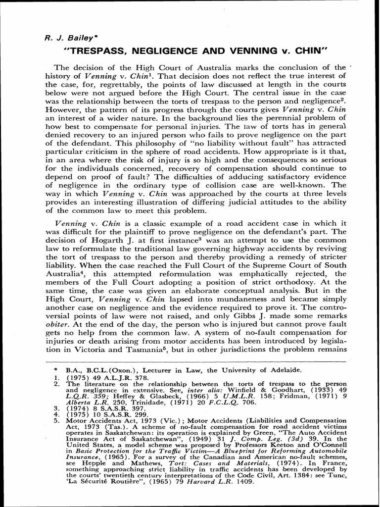 "Trespass, Negligence and Venning V. Chin": Bailey | PDF | Tort ...