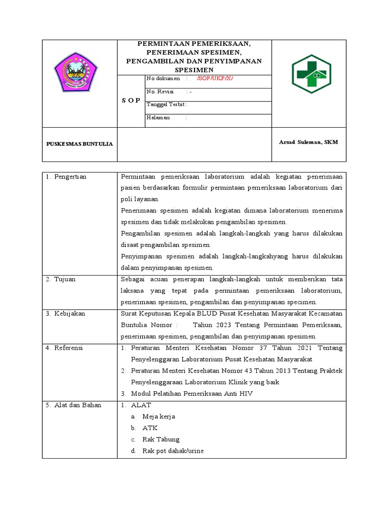 SOP Permintaan Pemeriksaan, Penerimaan Specimen, Pengambilan, Dan ...