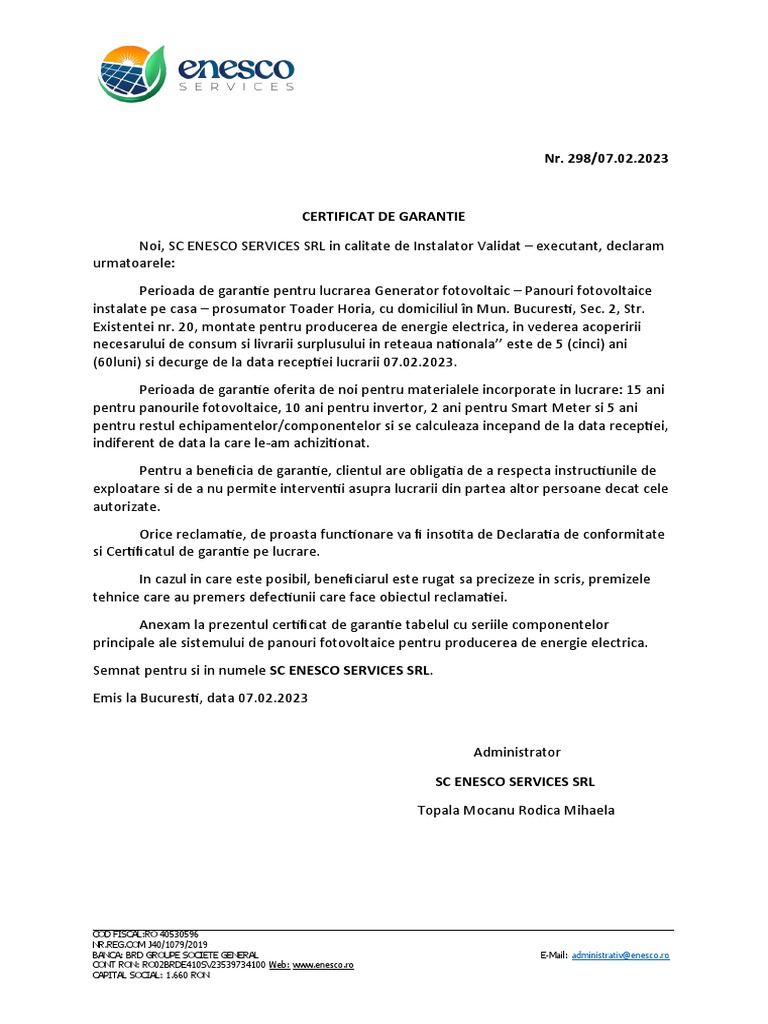 Certificat de Garantie Model | PDF