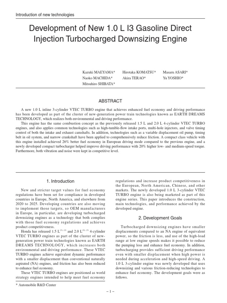 Development of New 1.0 L I3 Gasoline Direct Injection Turbocharged Downsizing Engine | PDF ...