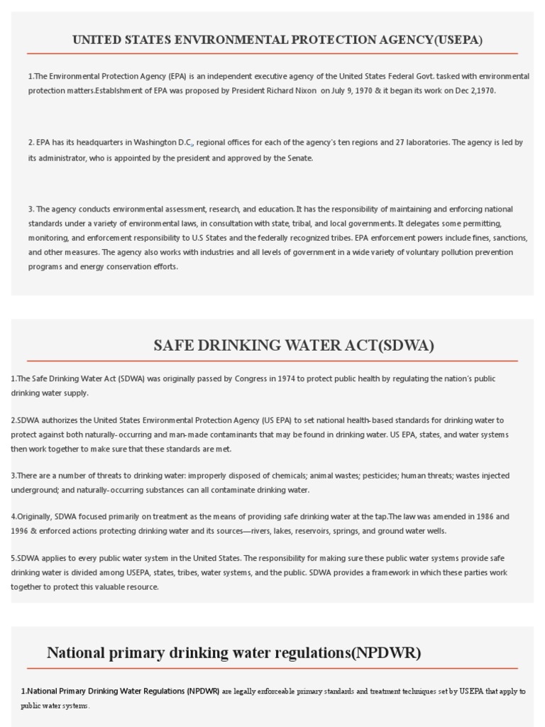 Safe Drinking Water Act & USEPA Regulations - Adrija | PDF | United ...