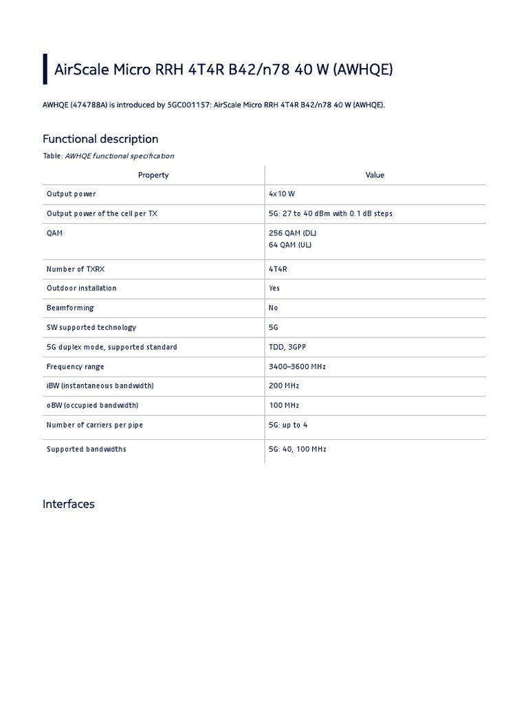AirScale Micro RRH 4T4R B42 - n78 40 W (AWHQE) | PDF | Electricity ...