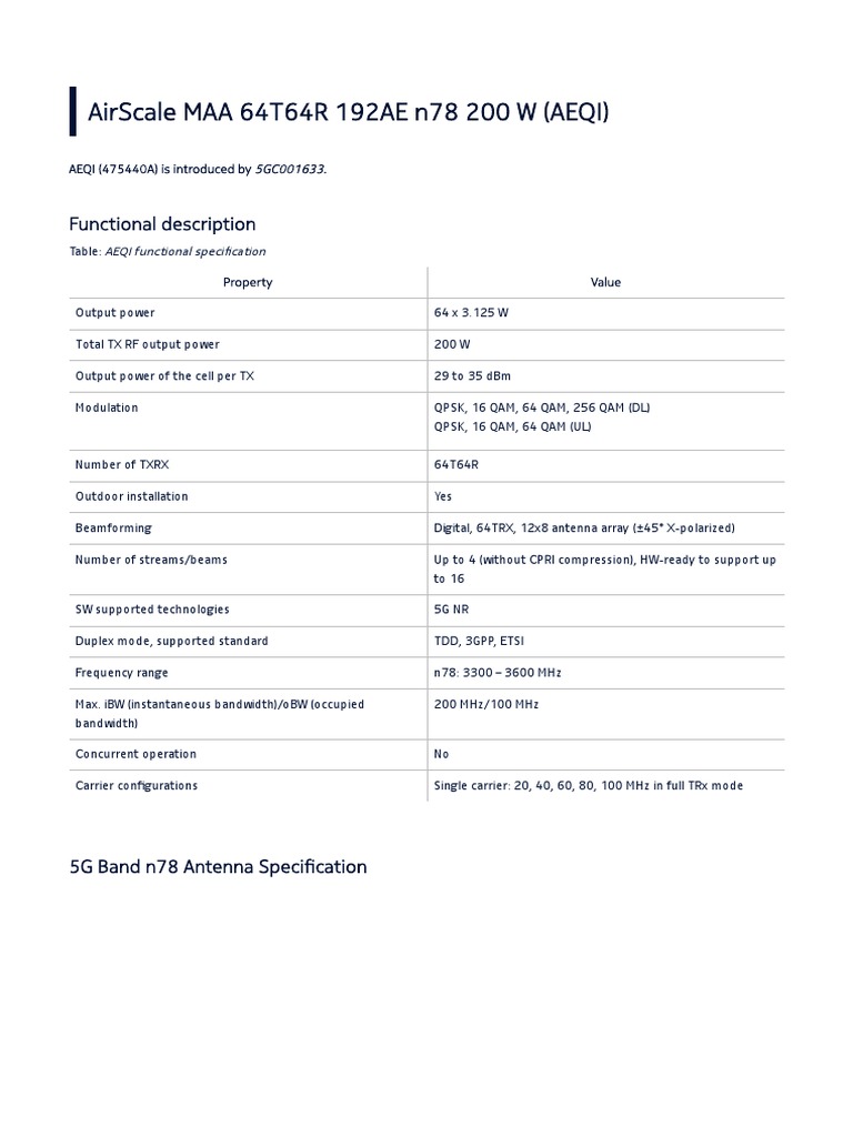 AirScale MAA 64T64R 192AE n78 200 W (AEQI) | PDF | Antenna (Radio) | Electronic Engineering