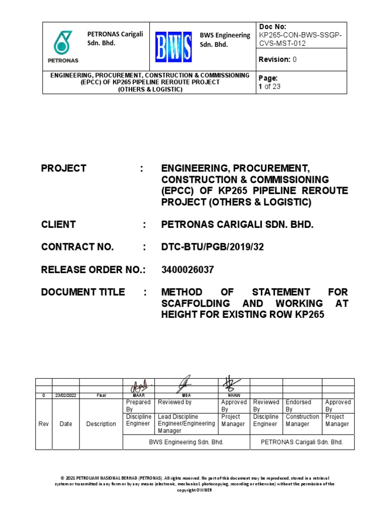 KP265-CON-BWS-SSGP-CVS-MST-012 MOS For Scaffolding and Working at ...
