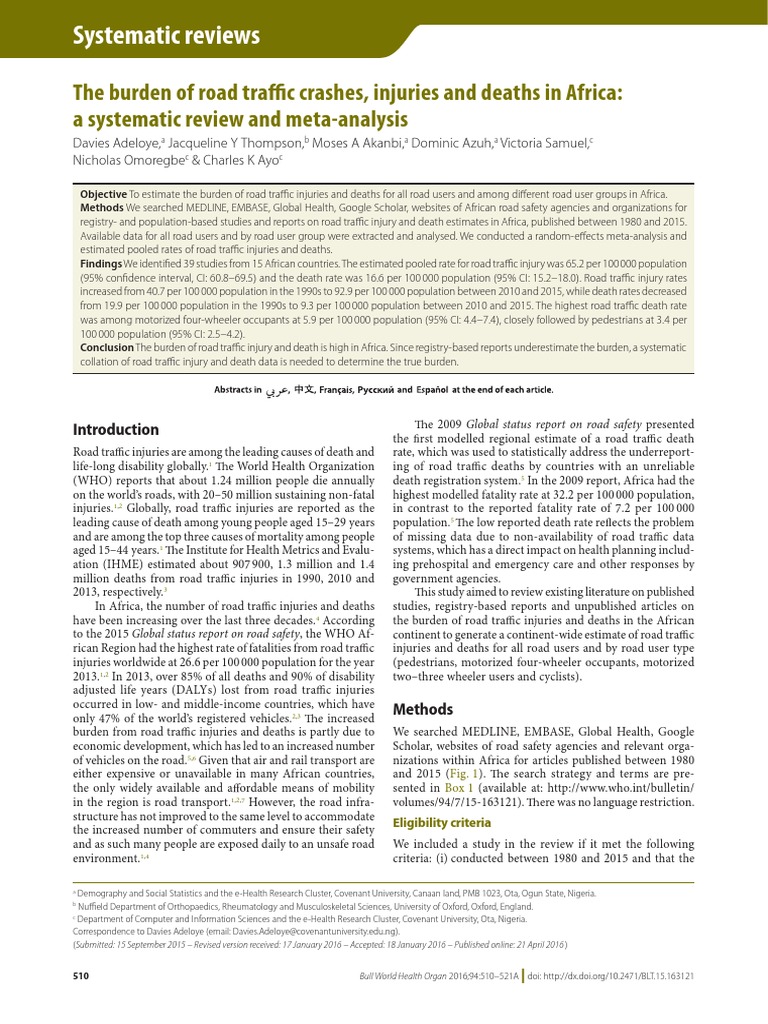 The Burden of Road Traffic Crashes, Injuries and Deaths in Africa: A Systematic Review and Meta ...