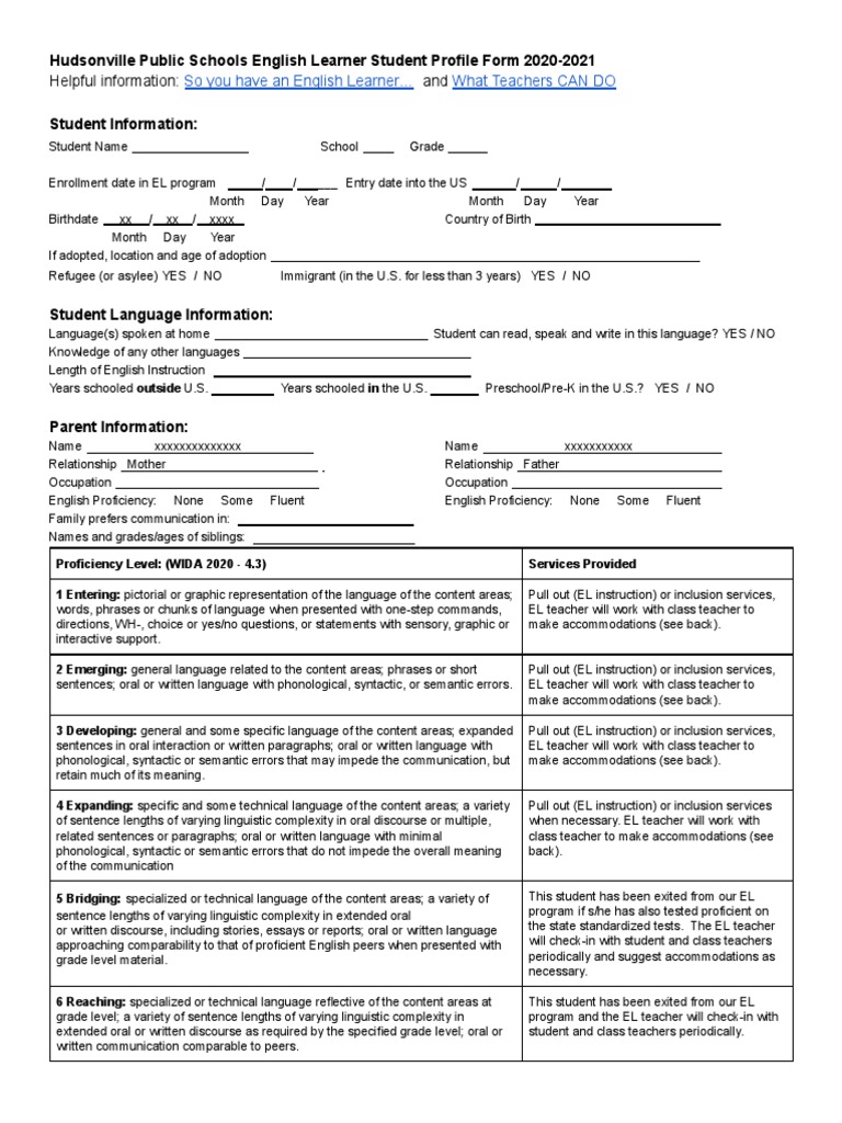 English Learner Student Profile Form | PDF | Linguistics | Sentence ...