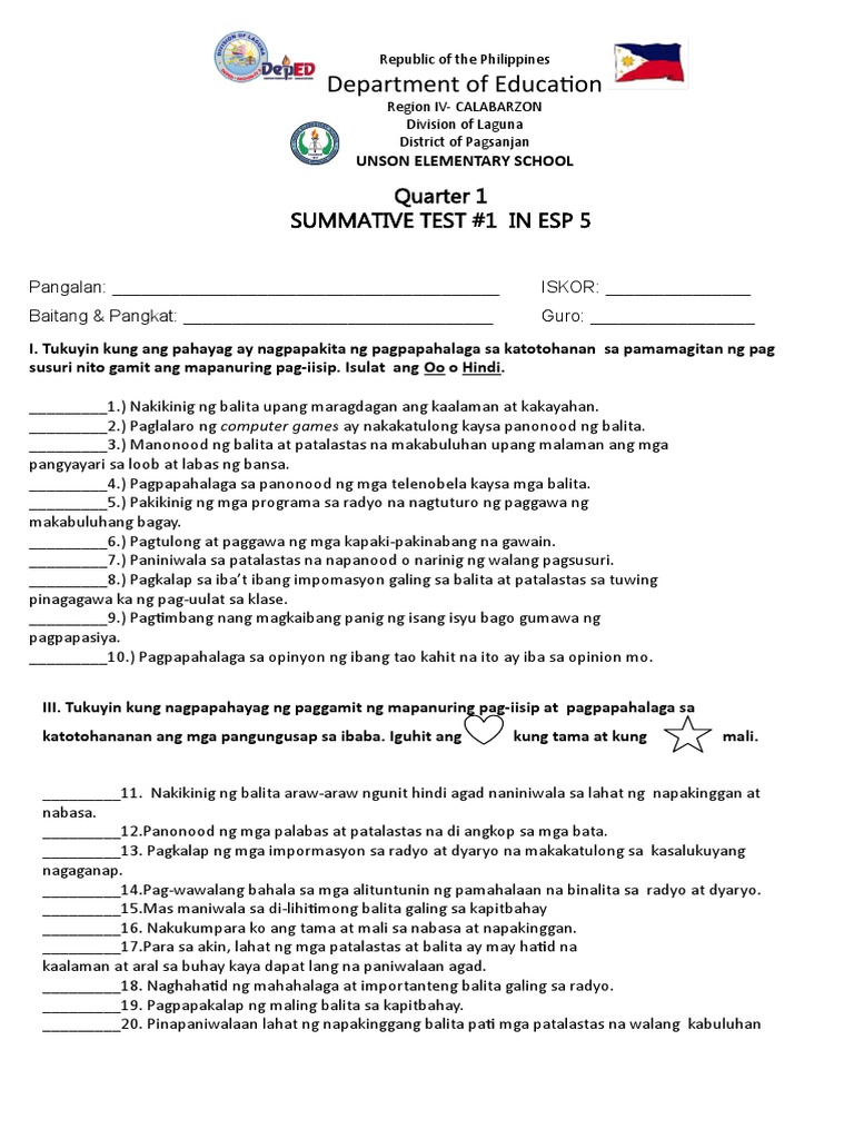 ESP5-Q1-SUMMATIVE TEST #1 With Answer Key | PDF