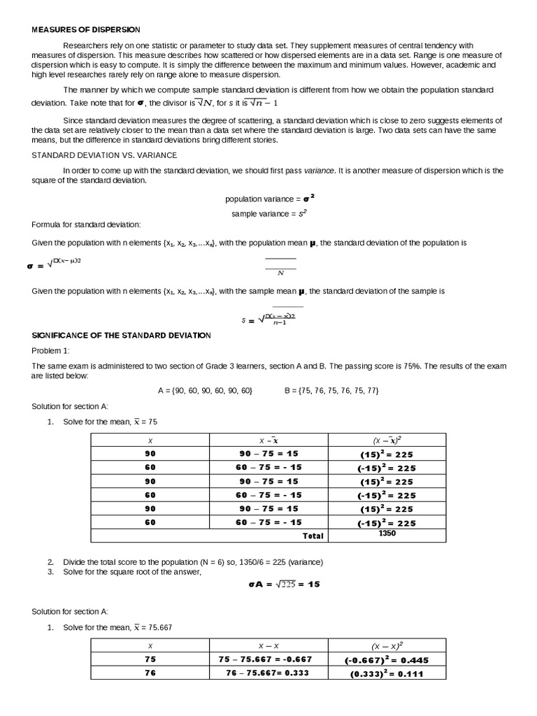 Measures Of Dispersion Pdf Standard Deviation Variance