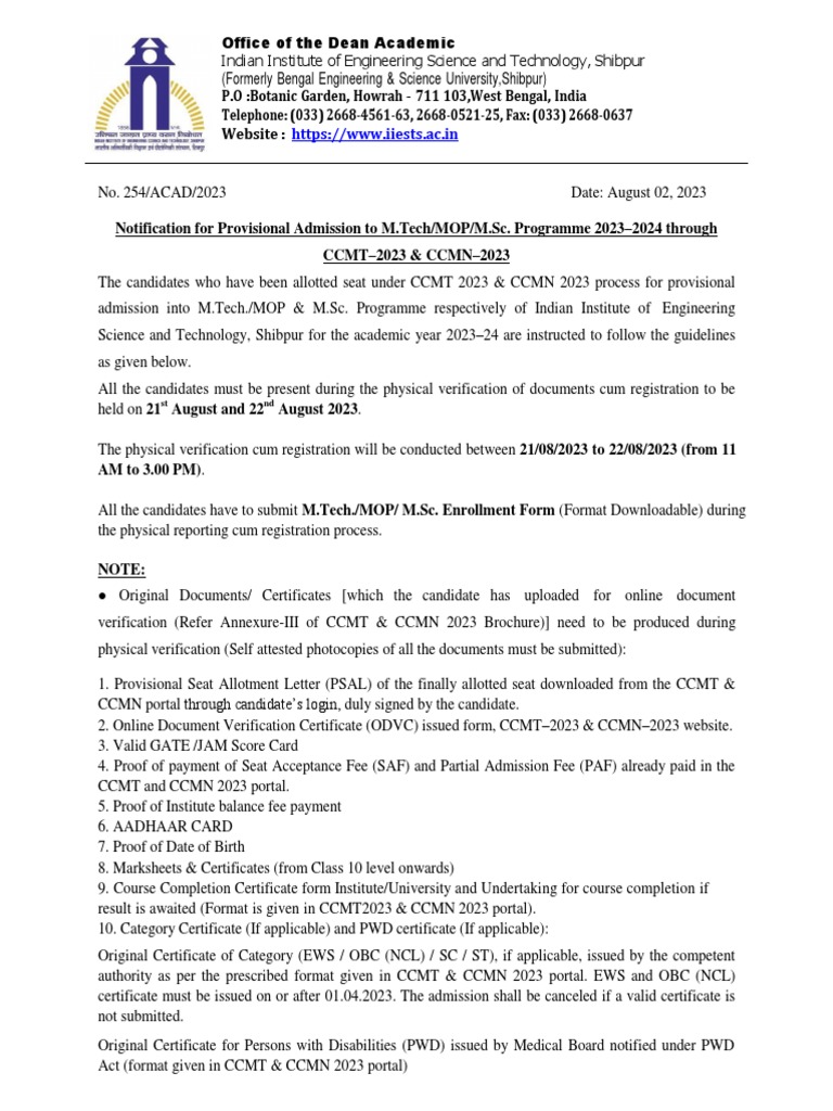 Notice Admission PG M.tech MoP M.SC | PDF