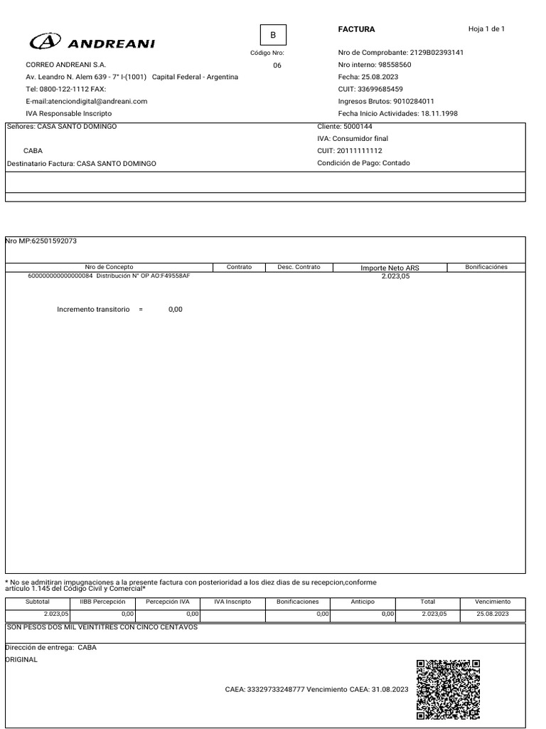 Factura Andreani para Casa Santo Domingo | PDF