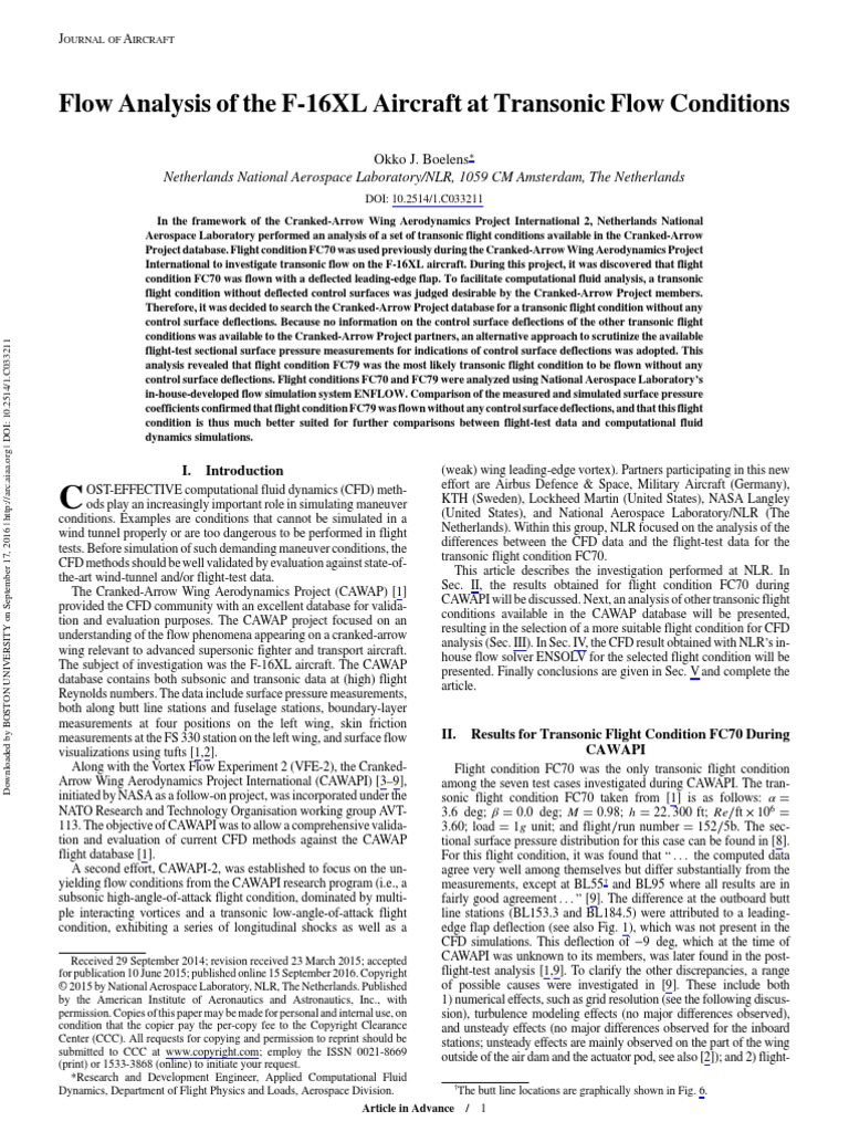 Flow Analysis of The F-16XL Aircraft at Transonic Flow Conditions | PDF | Computational Fluid ...