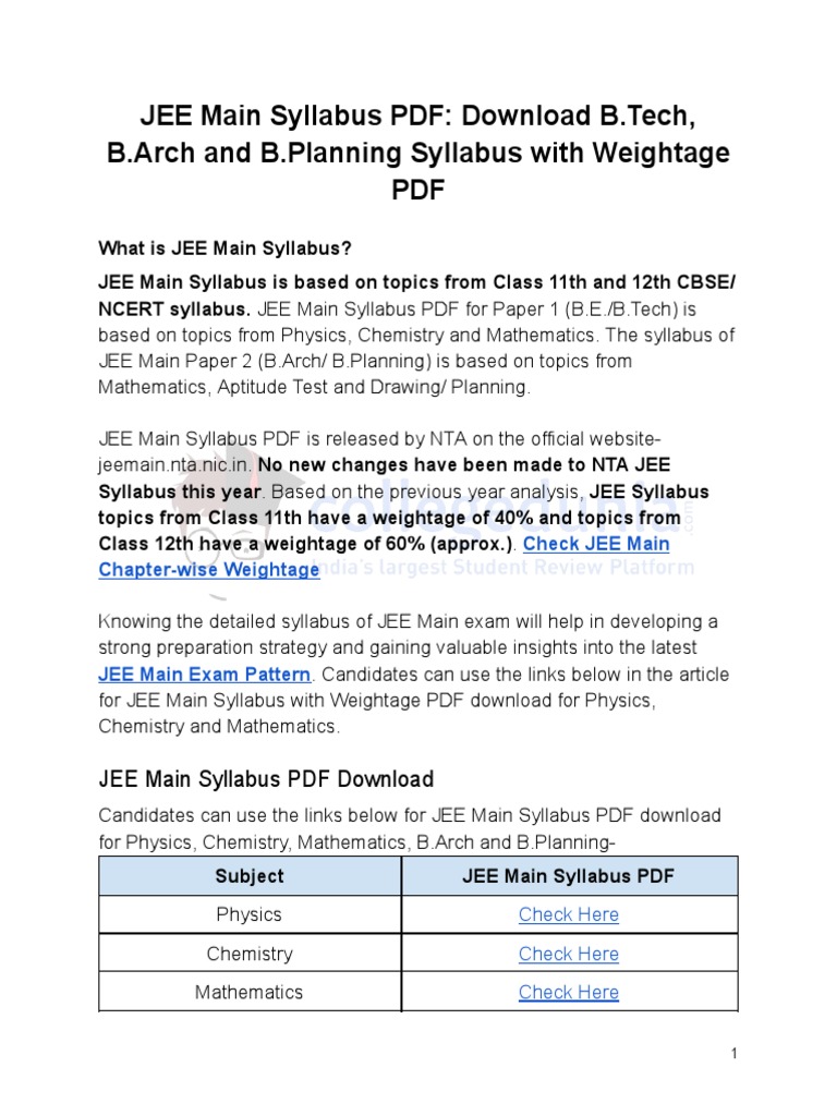 JEE Main Syllabus PDF | PDF | Integral | Chemical Reactions