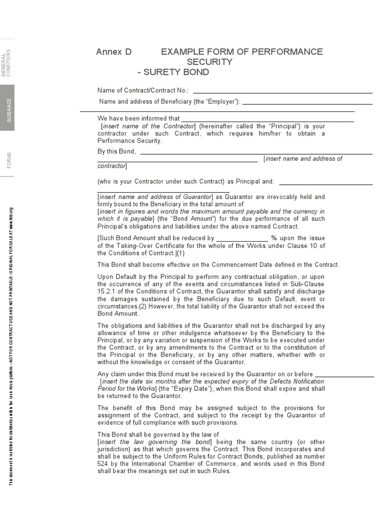 Annex D Example Form of Performance Security - Surety Bond: Contractor ...