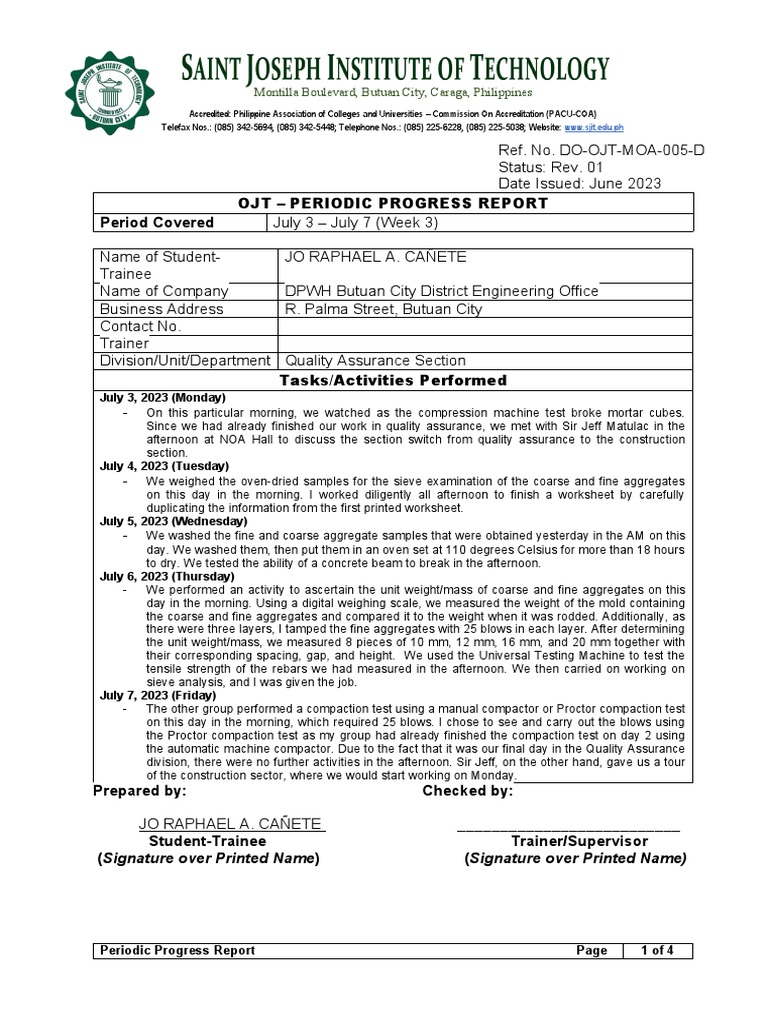 OJT Week 3 Progress Report: Quality Assurance | PDF | Business | Technology & Engineering