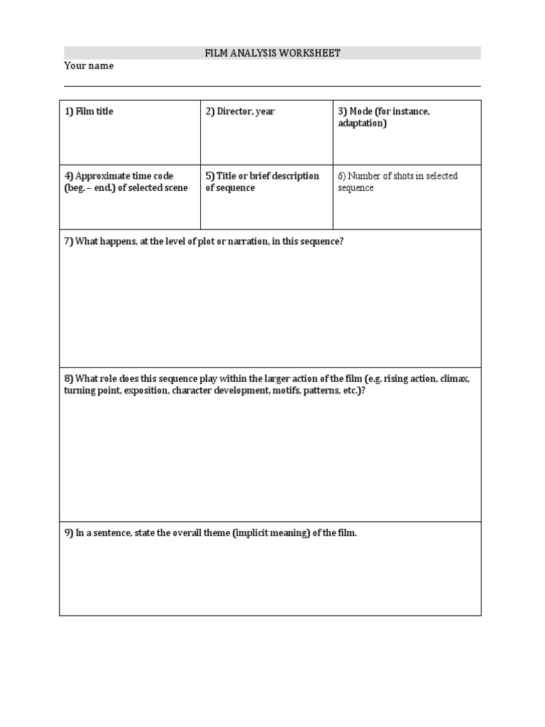 Film Analysis Worksheet Template | PDF