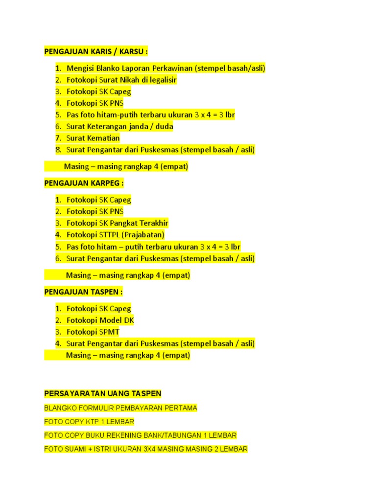 Syarat Karis, Karsu, Karpeg, Taspen | PDF