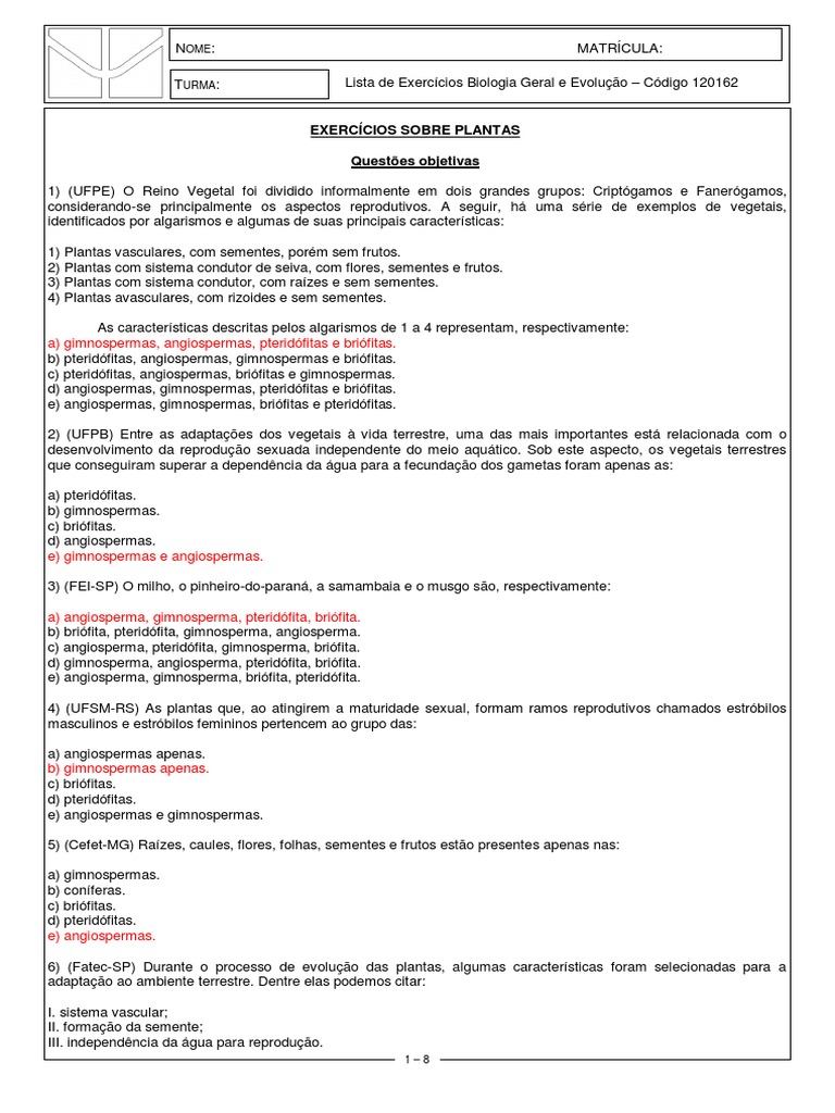 Gabarito Exercícios Botânica | PDF | Plantas | Musgo