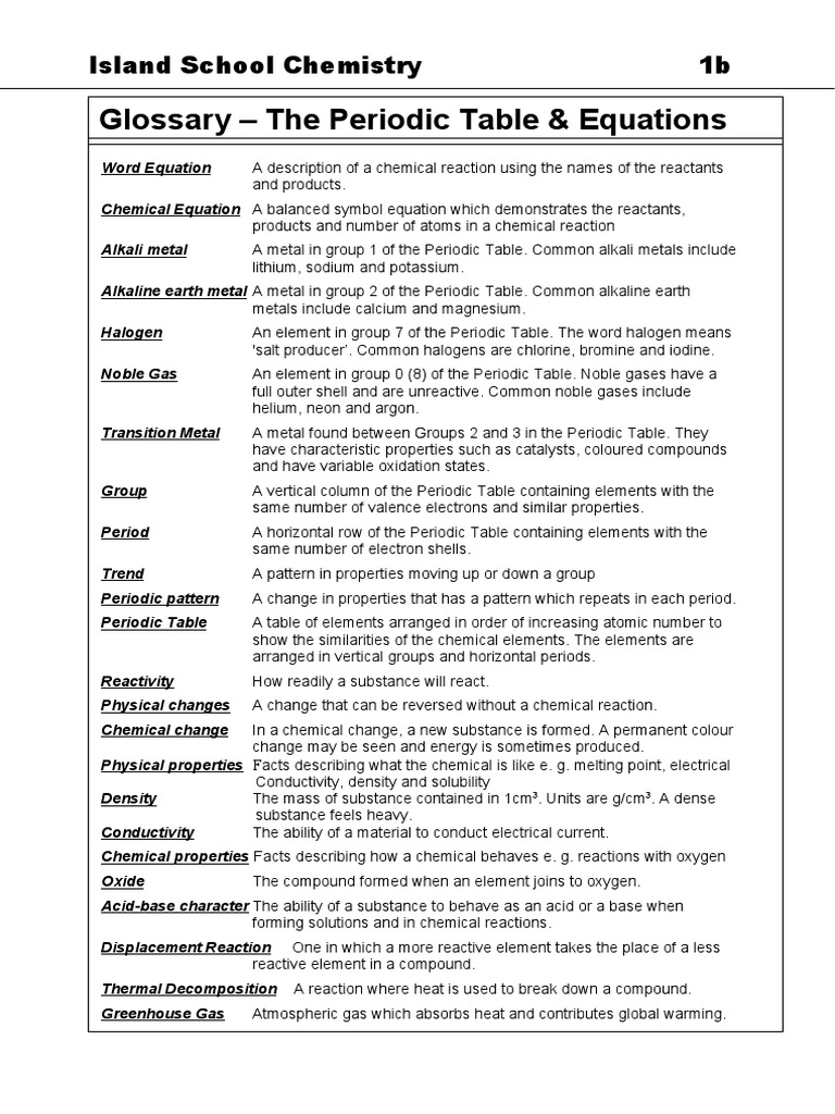 1b Glossary Periodic Table | PDF | Periodic Table | Chemical Reactions
