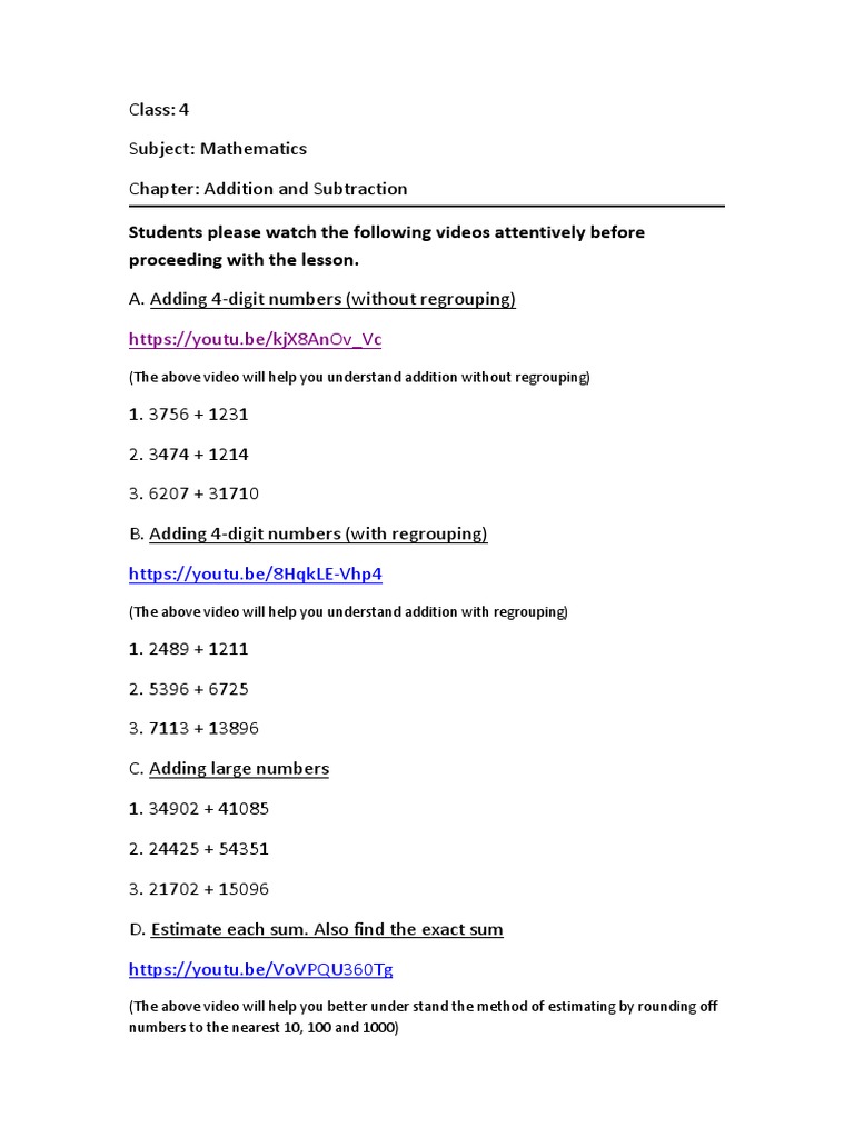 Class 4 Mathematics Addition and Subtraction | PDF | Subtraction | Mathematics