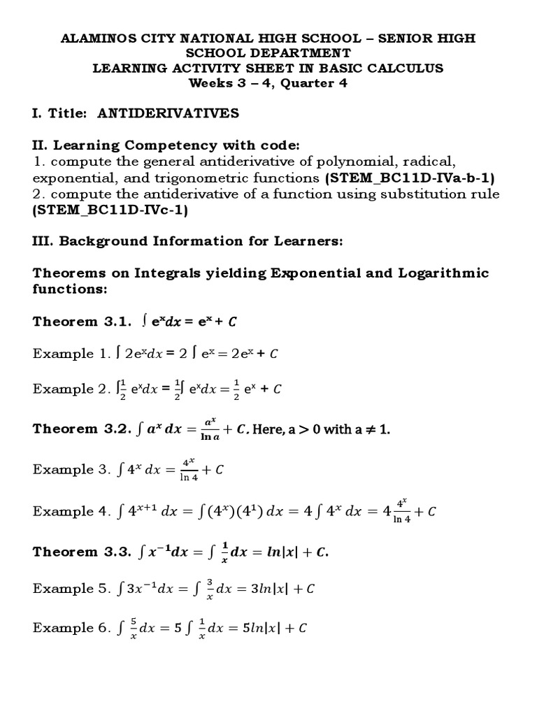 Activity Sheet in Basic Calculus Week 3 4 | PDF | Integral | Abstract ...