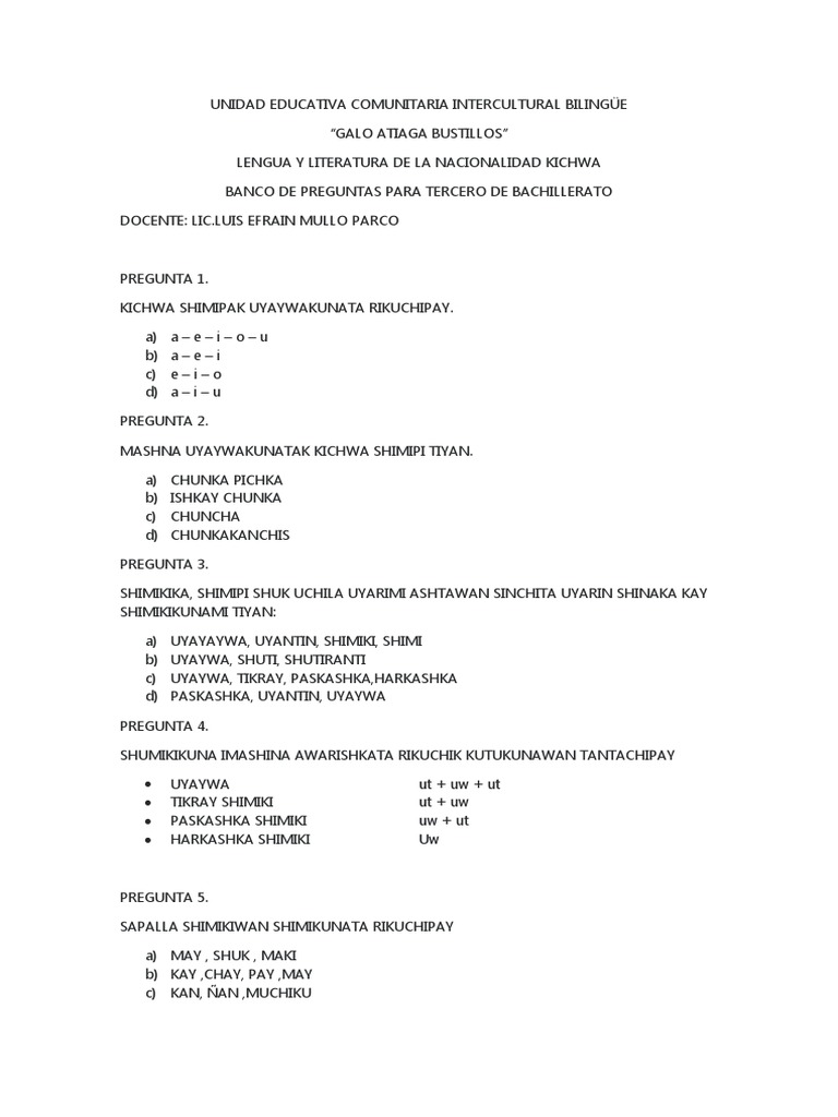 Preguntas Kichwa para Bachillerato | PDF