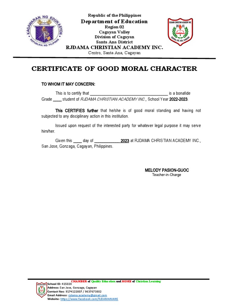 Certificate of Good Moral Character | PDF | Career & Growth