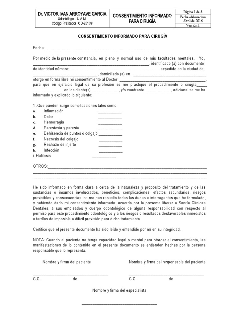 Consentimiento Informado para Cirugía | Descargar gratis PDF ...