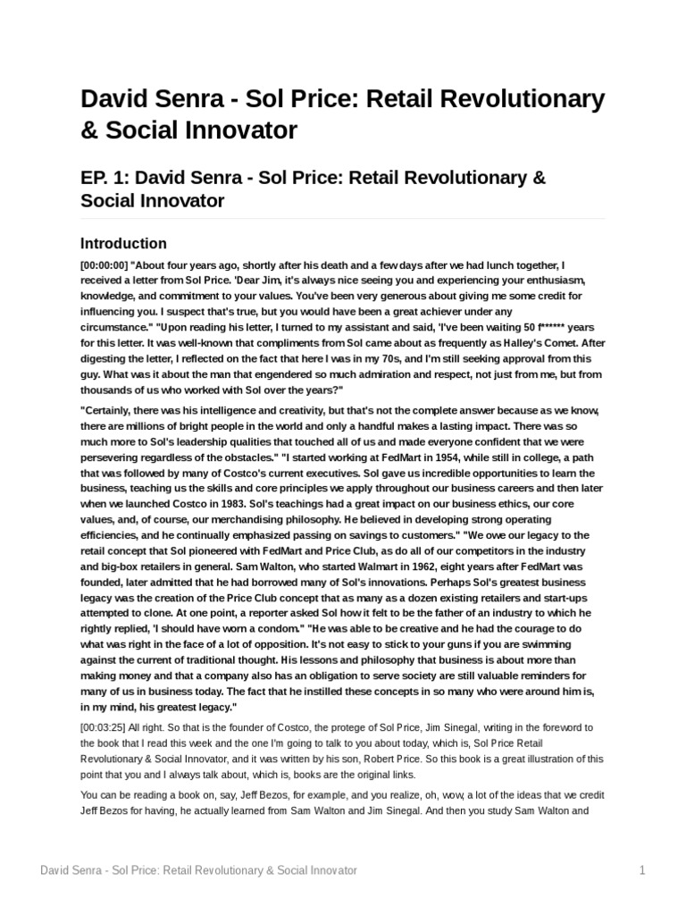 David Senra - Sol Price, Retail Revolutionary & Social Innovator | PDF ...