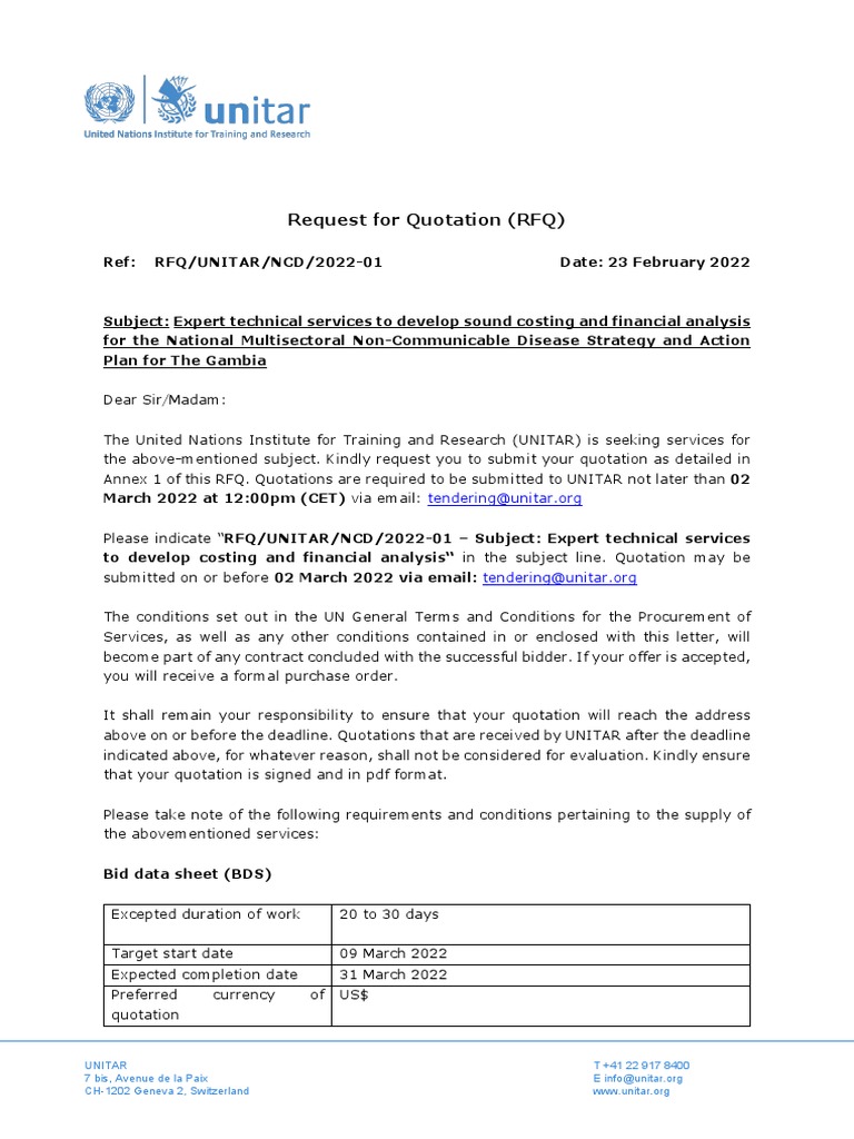 RFQ - RFQ - UNITAR.NCD - .2021-01 - Cover Letter | PDF