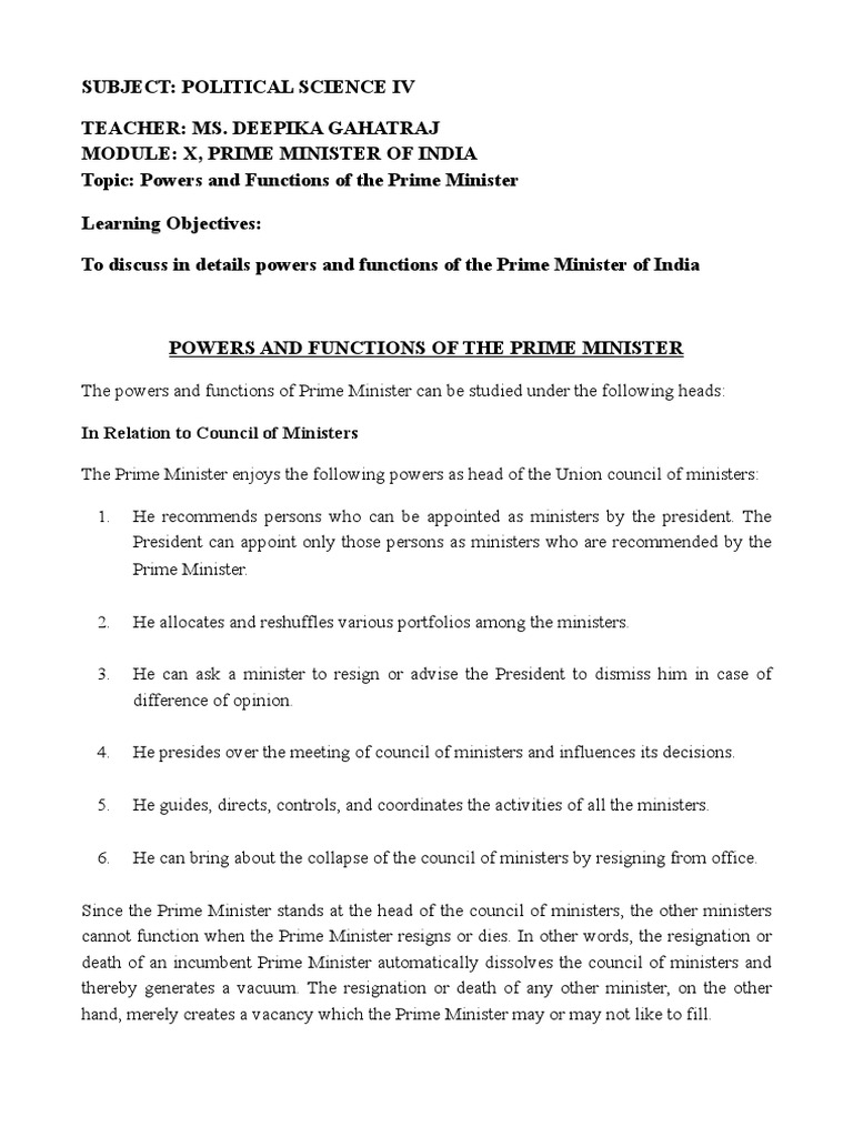Powers and Functions of India's PM | PDF | Government Of India | Social ...