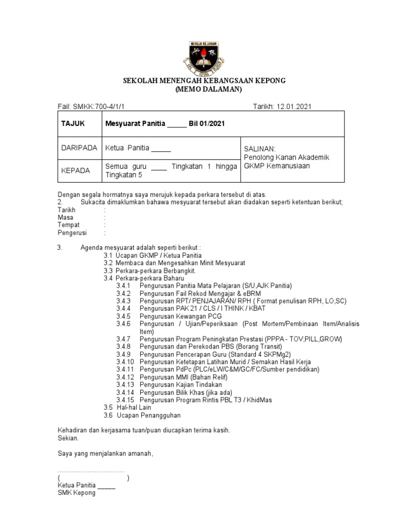 Memo Mesyuarat Panitia - Bil 1 2021 | PDF