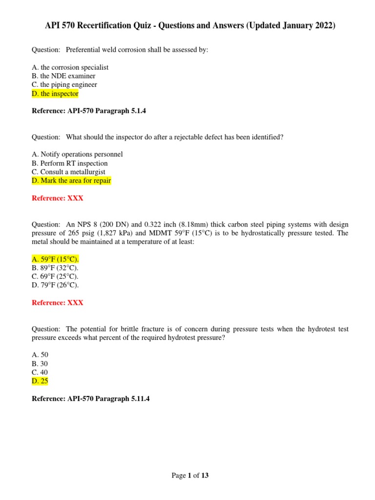 API 570 Recertification Quiz - Questions and Answers (Updated January ...