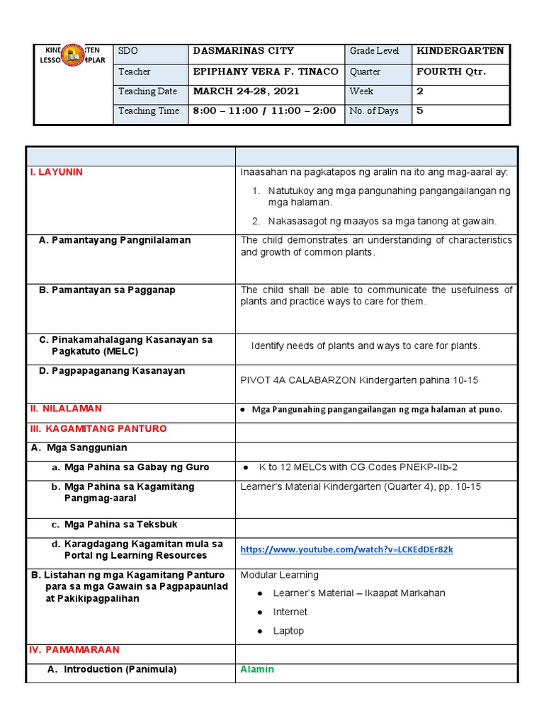 Week 2 Le Kinder 4th QTR Tinaco 3 | PDF