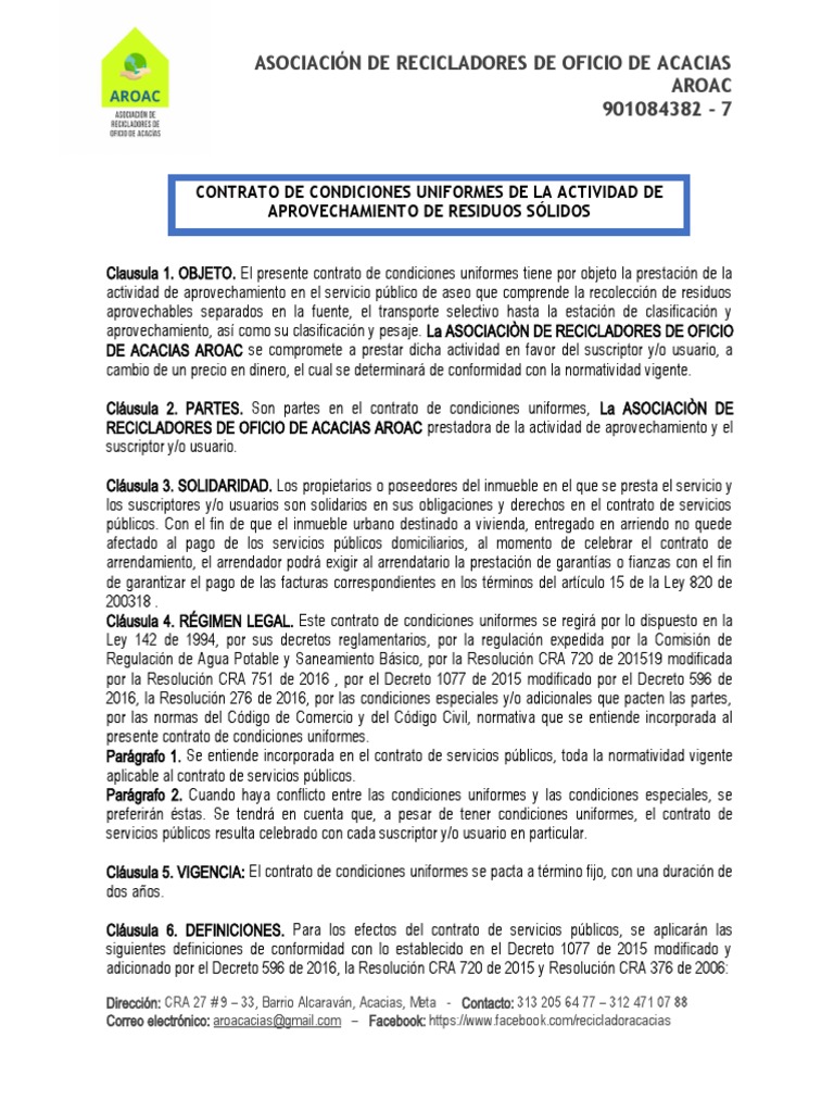 Contrato Aprovechamiento Residuos AROAC | PDF | Residuos | Economias