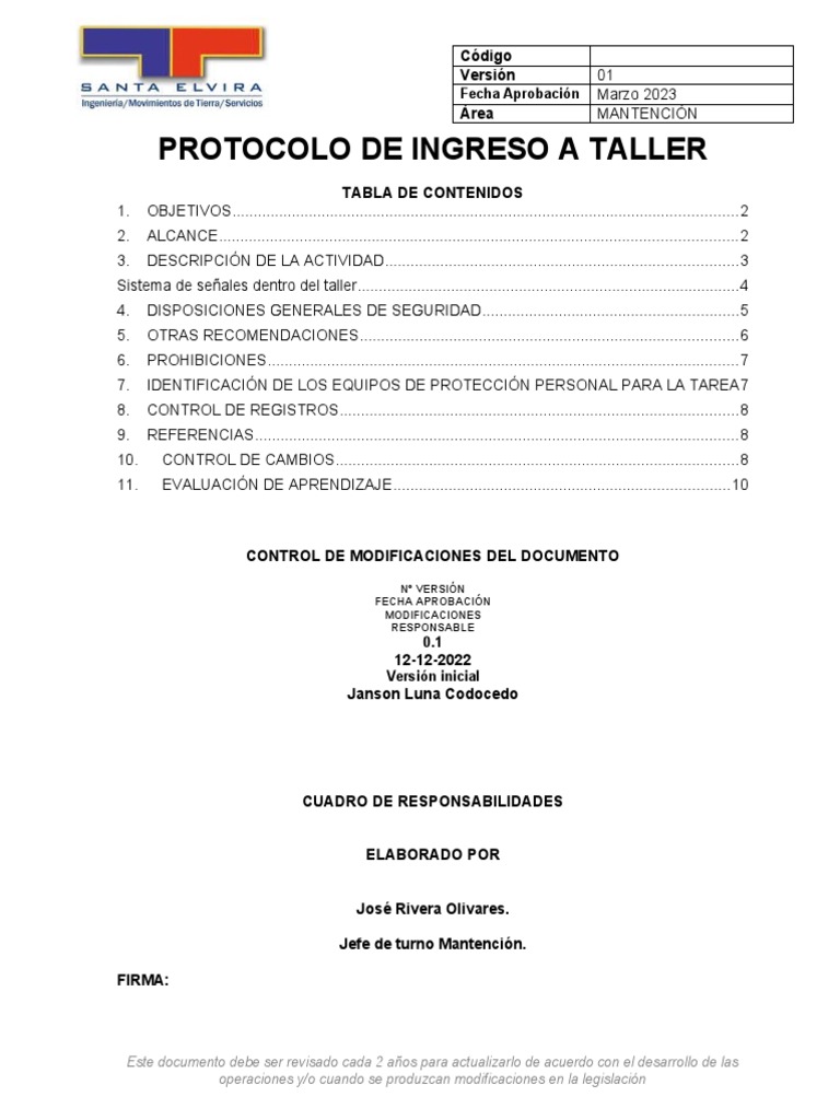Protocolo de Ingreso A Taller | PDF