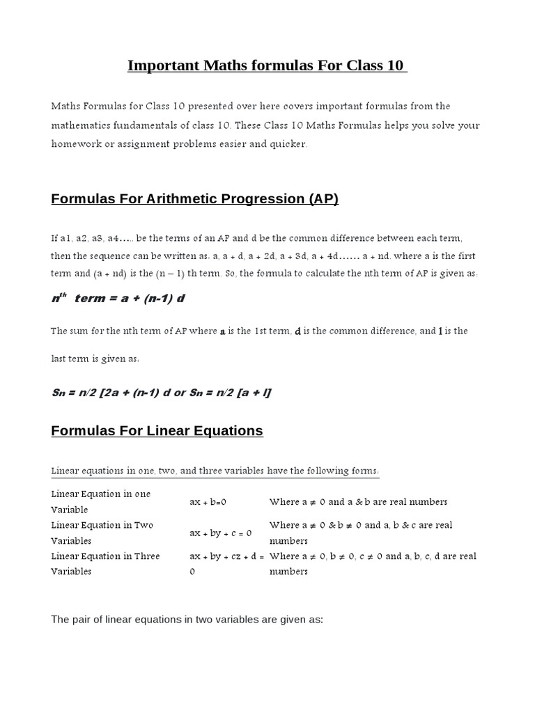 Math Formulas For Class X | PDF | Trigonometric Functions | Mathematics