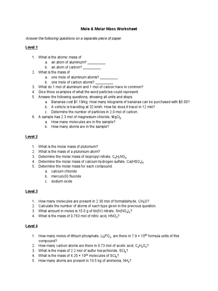 Moles and Molar Mass Worksheet PDF | PDF