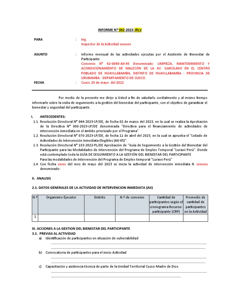 Modelo de Informe Del Asistente de Bienestar | PDF