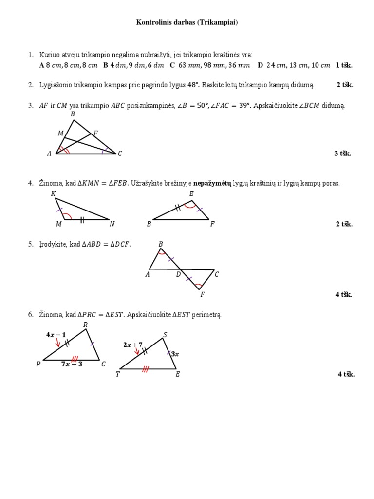Matematika Kontrolinis Darbas TRIKAMPIAI | PDF